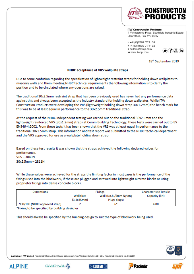 NHBC Acceptance of VRS Straps – ITWCP